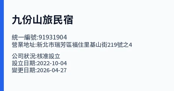 九份山旅民宿的照片-統編 91931904(新北市) 公司登記資料與營業項目詳細圖表