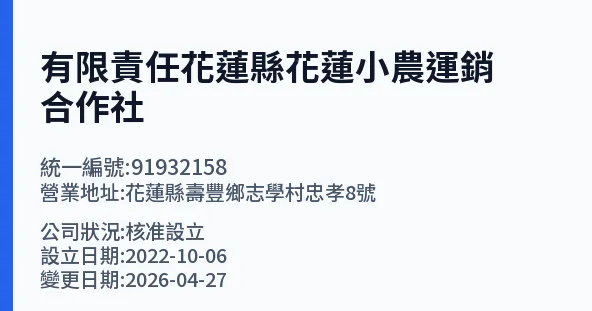 有限責任花蓮縣花蓮小農運銷合作社的照片-統編 91932158(花蓮縣) 公司登記資料與營業項目詳細圖表