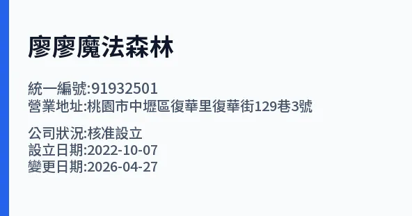 廖廖魔法森林的照片-統編 91932501(桃園市) 公司登記資料與營業項目詳細圖表