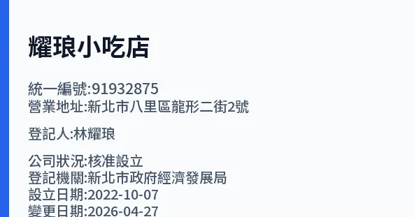 耀琅小吃店的照片-統編 91932875(新北市) 公司登記資料與營業項目詳細圖表