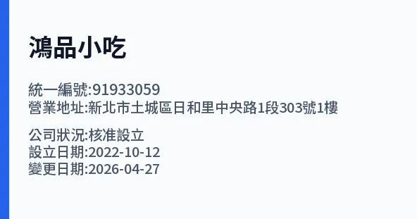 鴻品小吃的照片-統編 91933059(新北市) 公司登記資料與營業項目詳細圖表