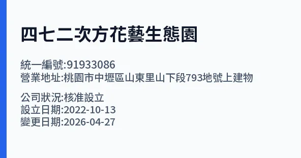 四七二次方花藝生態園的照片-統編 91933086(桃園市) 公司登記資料與營業項目詳細圖表