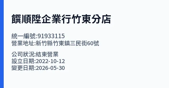 饌順陞企業行竹東分店的照片-統編 91933115(新竹縣) 公司登記資料與營業項目詳細圖表
