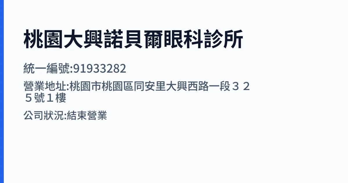 桃園大興諾貝爾眼科診所 - 統編 91933282（桃園市） 公司登記資料與營業項目詳細圖表