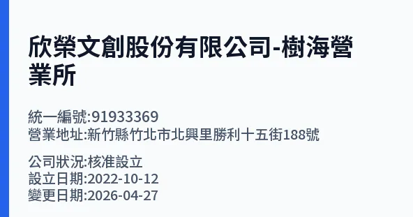 欣榮文創股份有限公司-樹海營業所的照片-統編 91933369(新竹縣) 公司登記資料與營業項目詳細圖表
