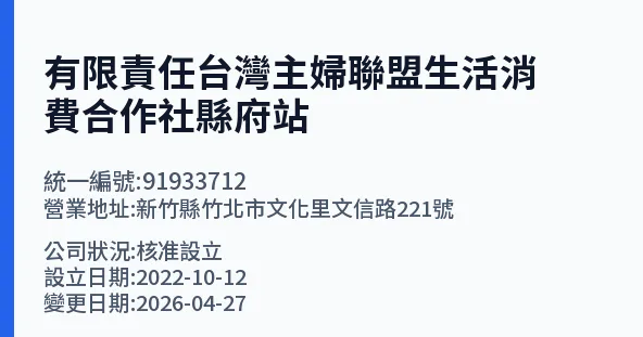 有限責任台灣主婦聯盟生活消費合作社縣府站的照片-統編 91933712(新竹縣) 公司登記資料與營業項目詳細圖表