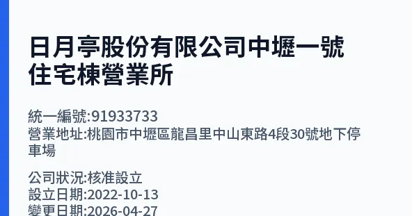 日月亭股份有限公司中壢一號住宅棟營業所的照片-統編 91933733(桃園市) 公司登記資料與營業項目詳細圖表