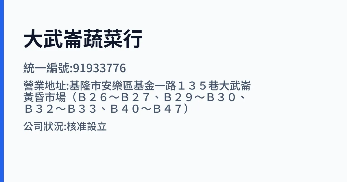 大武崙蔬菜行 - 統編 91933776（基隆市） 公司登記資料與營業項目詳細圖表