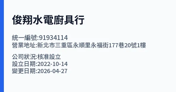俊翔水電廚具行的照片-統編 91934114(新北市) 公司登記資料與營業項目詳細圖表