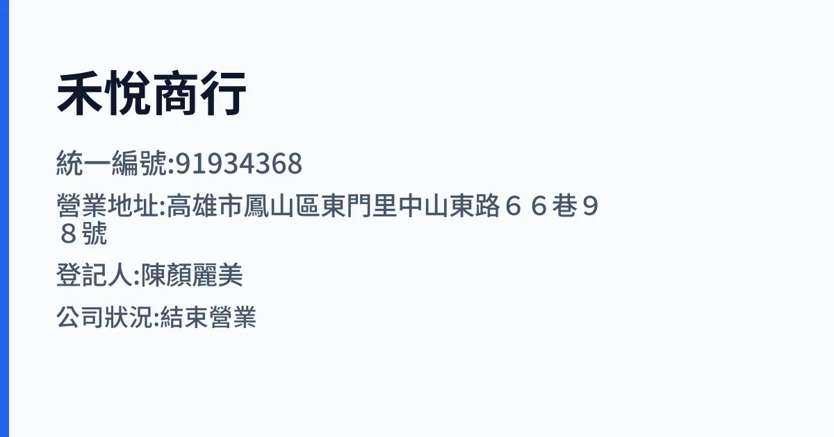 禾悅商行 - 統編 91934368(高雄市) 公司登記資料與營業項目詳細圖表