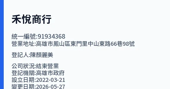 禾悅商行的照片-統編 91934368(高雄市) 公司登記資料與營業項目詳細圖表