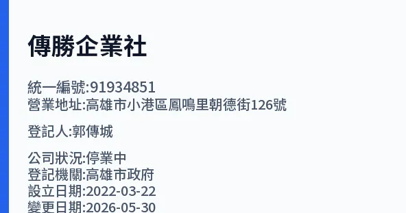傳勝企業社的照片-統編 91934851(高雄市) 公司登記資料與營業項目詳細圖表