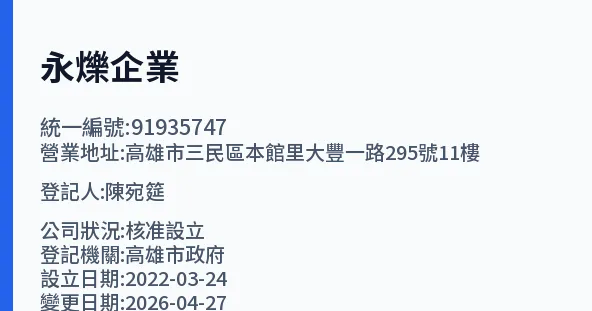 永爍企業的照片-統編 91935747(高雄市) 公司登記資料與營業項目詳細圖表