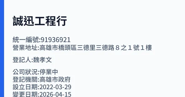 誠迅工程行的照片-統編 91936921(高雄市) 公司登記資料與營業項目詳細圖表