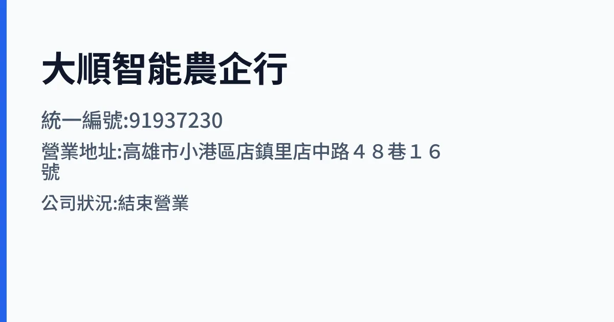 大順智能農企行 - 統編 91937230(高雄市) 公司登記資料與營業項目詳細圖表
