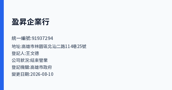 盈昇企業行的照片-統編 91937294(高雄市) 公司登記資料與營業項目詳細圖表