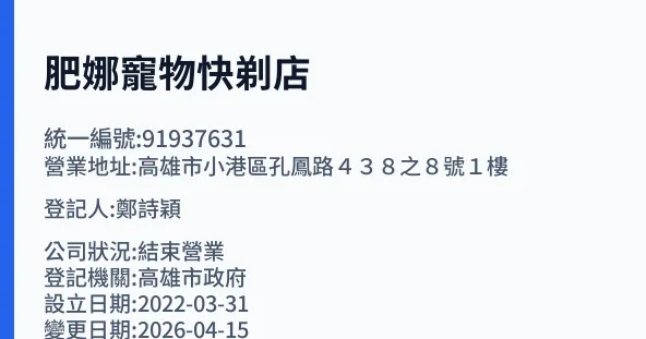 肥娜寵物快剃店的照片-統編 91937631(高雄市) 公司登記資料與營業項目詳細圖表
