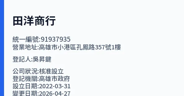 田洋商行的照片-統編 91937935(高雄市) 公司登記資料與營業項目詳細圖表