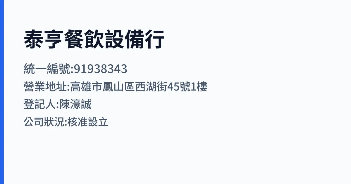 泰亨餐飲設備行 - 統編 91938343(高雄市) 公司登記資料與營業項目詳細圖表