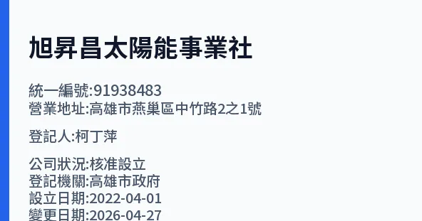 旭昇昌太陽能事業社的照片-統編 91938483(高雄市) 公司登記資料與營業項目詳細圖表
