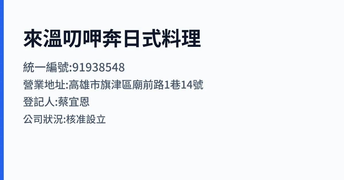 來溫叨呷奔日式料理 - 統編 91938548(高雄市) 公司登記資料與營業項目詳細圖表
