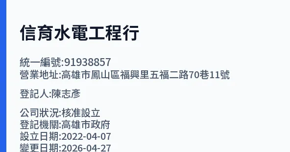 信育水電工程行的照片-統編 91938857(高雄市) 公司登記資料與營業項目詳細圖表