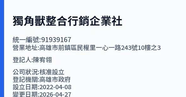 獨角獸整合行銷企業社的照片-統編 91939167(高雄市) 公司登記資料與營業項目詳細圖表