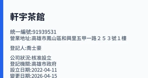 軒宇茶館的照片-統編 91939531(高雄市) 公司登記資料與營業項目詳細圖表