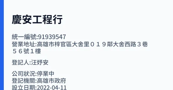 慶安工程行的照片-統編 91939547(高雄市) 公司登記資料與營業項目詳細圖表