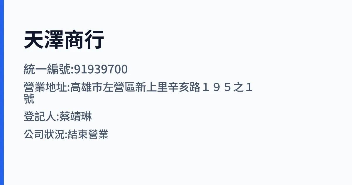 天澤商行 - 統編 91939700(高雄市) 公司登記資料與營業項目詳細圖表