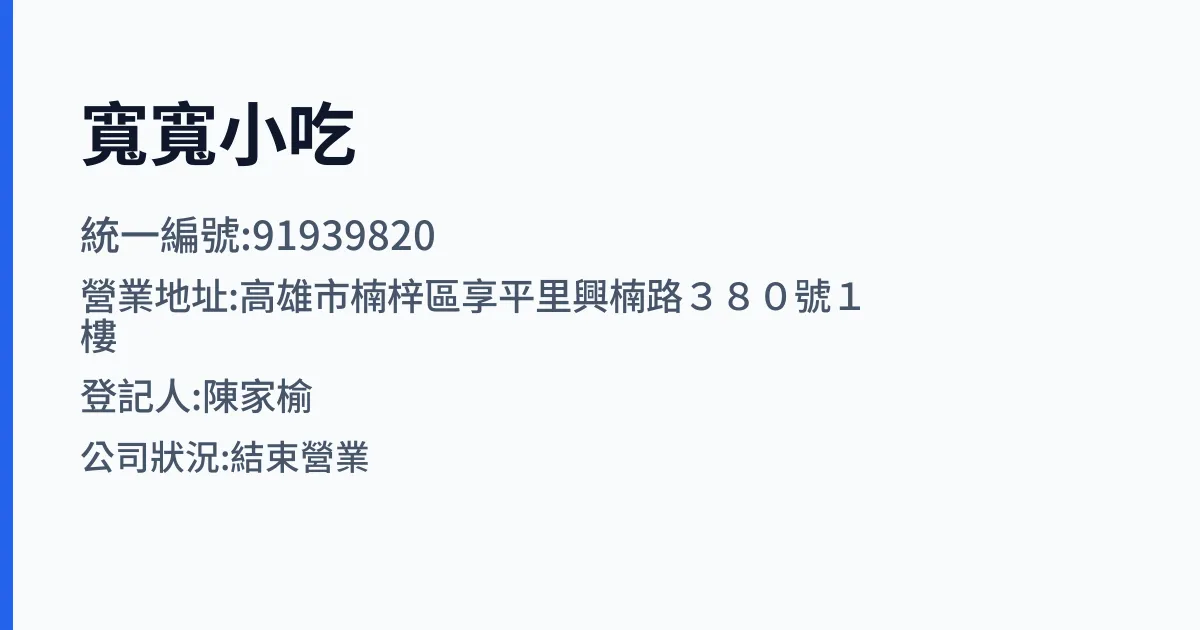 寬寬小吃 - 統編 91939820(高雄市) 公司登記資料與營業項目詳細圖表