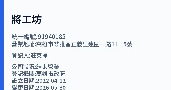 將工坊的照片-統編 91940185(高雄市) 公司登記資料與營業項目詳細圖表