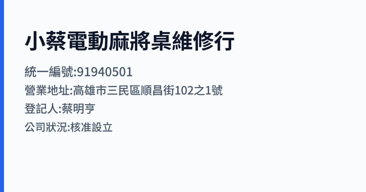 小蔡電動麻將桌維修行 - 統編 91940501（高雄市） 公司登記資料與營業項目詳細圖表
