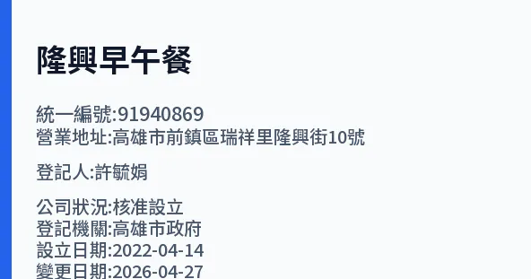 隆興早午餐的照片-統編 91940869(高雄市) 公司登記資料與營業項目詳細圖表