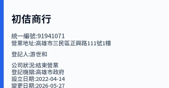 初佶商行的照片-統編 91941071(高雄市) 公司登記資料與營業項目詳細圖表