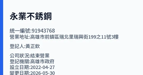 永業不銹鋼的照片-統編 91943768(高雄市) 公司登記資料與營業項目詳細圖表