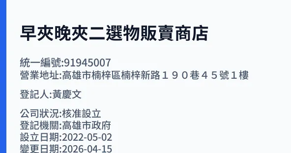 早夾晚夾二選物販賣商店的照片-統編 91945007(高雄市) 公司登記資料與營業項目詳細圖表