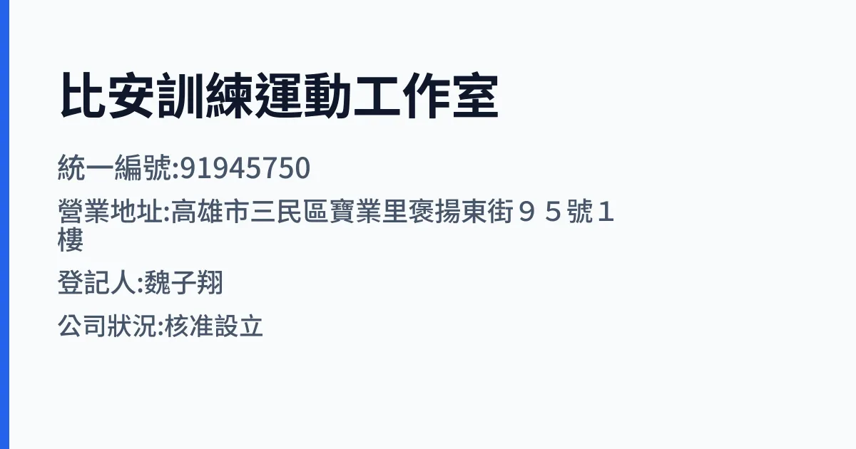 比安訓練運動工作室 - 統編 91945750(高雄市) 公司登記資料與營業項目詳細圖表