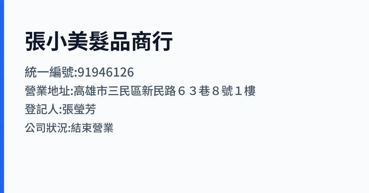 張小美髮品商行 - 統編 91946126(高雄市) 公司登記資料與營業項目詳細圖表