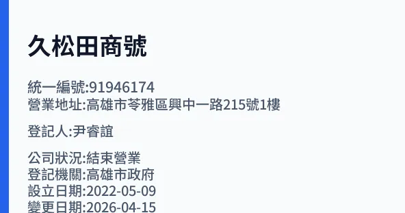 久松田商號的照片-統編 91946174(高雄市) 公司登記資料與營業項目詳細圖表