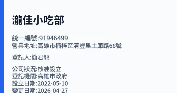 瀧佳小吃部的照片-統編 91946499(高雄市) 公司登記資料與營業項目詳細圖表