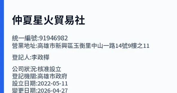 仲夏星火貿易社的照片-統編 91946982(高雄市) 公司登記資料與營業項目詳細圖表