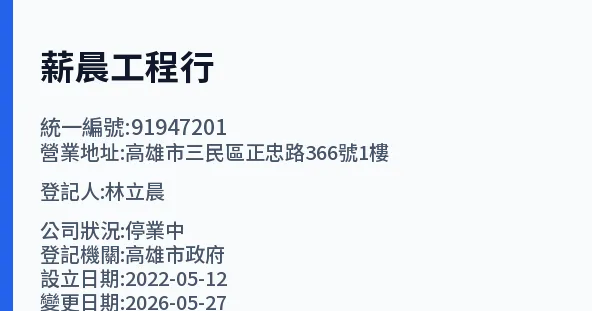 薪晨工程行的照片-統編 91947201(高雄市) 公司登記資料與營業項目詳細圖表