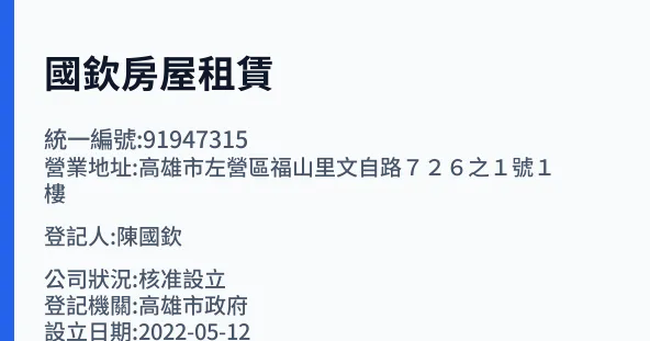 國欽房屋租賃的照片-統編 91947315(高雄市) 公司登記資料與營業項目詳細圖表