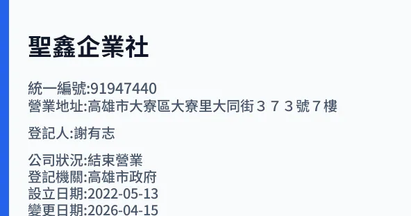聖鑫企業社的照片-統編 91947440(高雄市) 公司登記資料與營業項目詳細圖表
