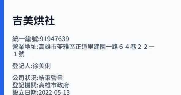 吉美烘社的照片-統編 91947639(高雄市) 公司登記資料與營業項目詳細圖表