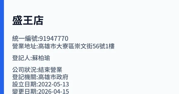 盛王店的照片-統編 91947770(高雄市) 公司登記資料與營業項目詳細圖表