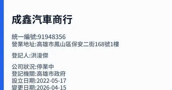 成鑫汽車商行的照片-統編 91948356(高雄市) 公司登記資料與營業項目詳細圖表