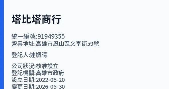 塔比塔商行的照片-統編 91949355(高雄市) 公司登記資料與營業項目詳細圖表
