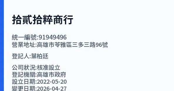拾貳拾粹商行的照片-統編 91949496(高雄市) 公司登記資料與營業項目詳細圖表